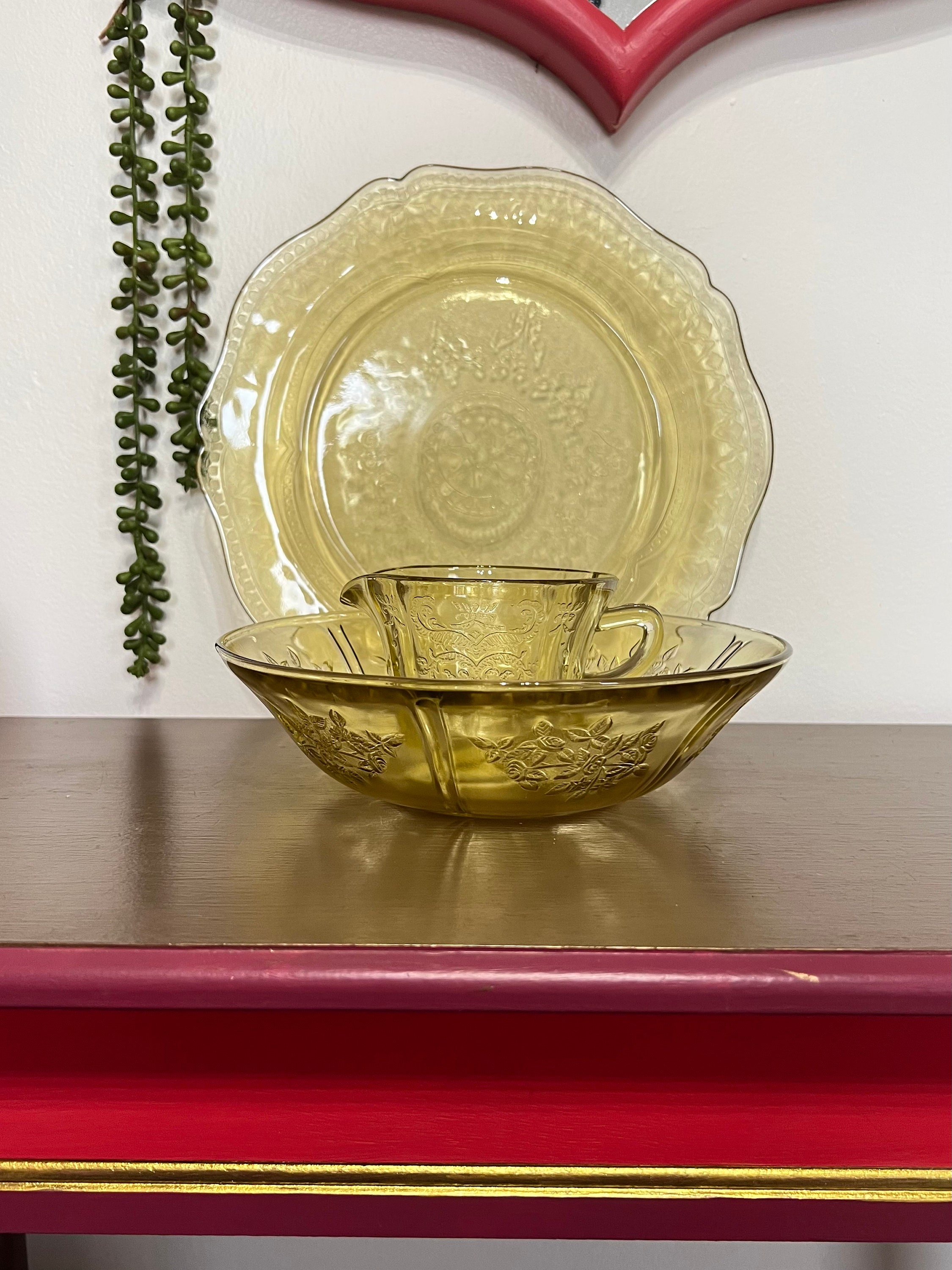 Vintage Yellow Depression Glass Set Yellow Glass Creamer, Serving ...