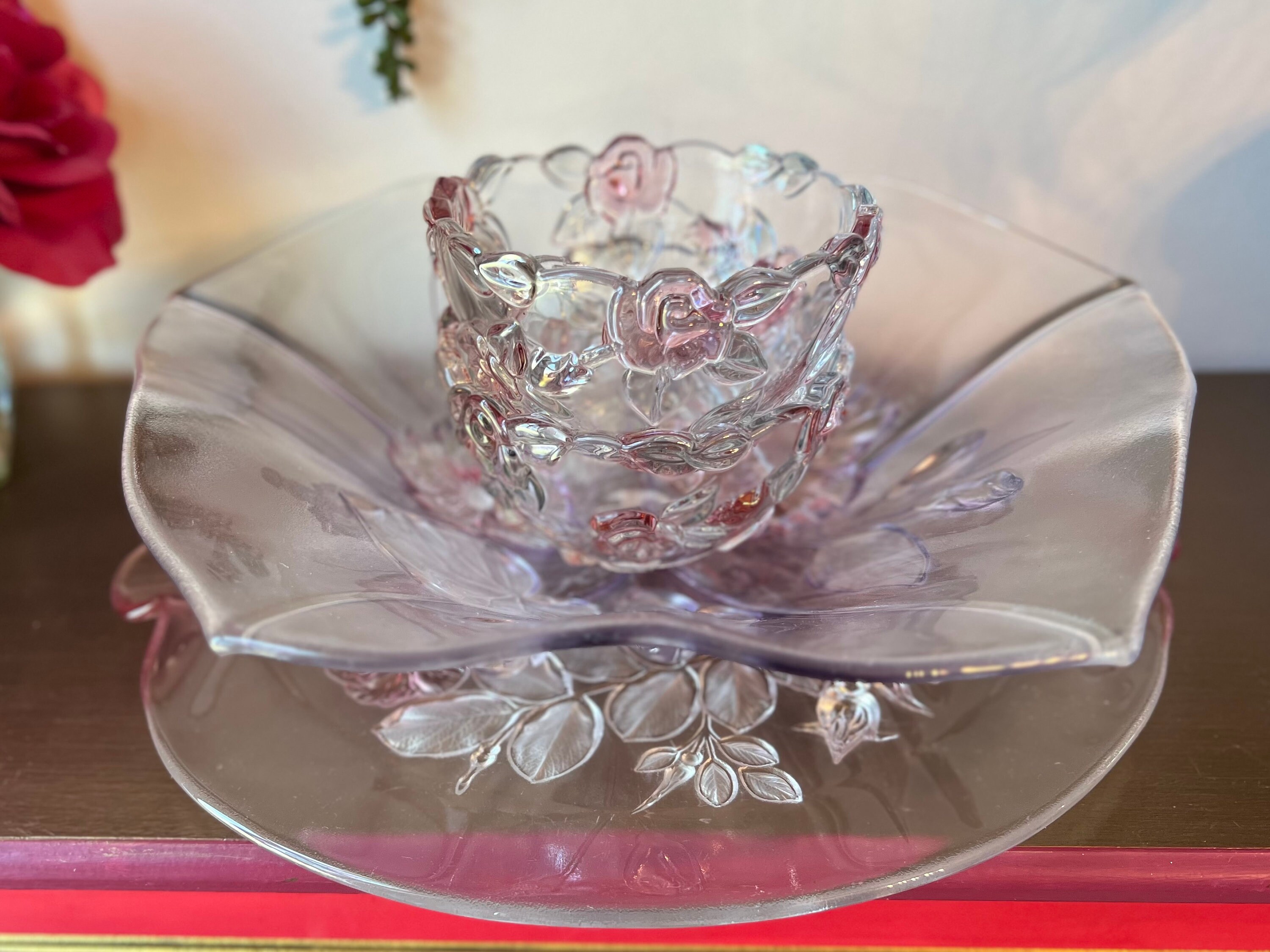 Set of Vintage Mikasa Flower Crystal Serving Dishes Pink Rosella ...