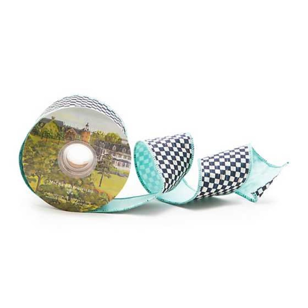 Authentic Mackenzie-childs Ribbon, Black and White Courtly Check. Aqua ...