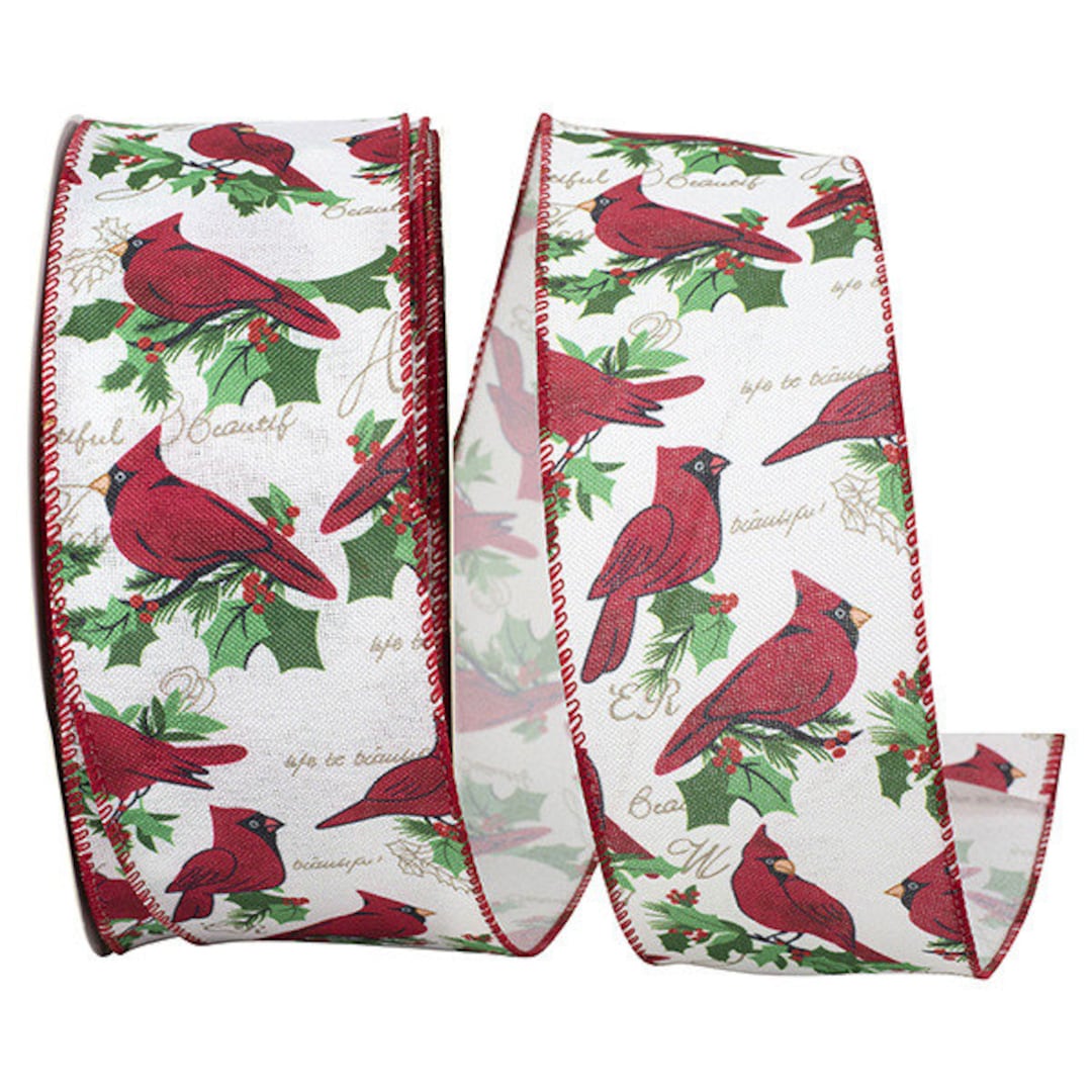 Cardinal Perch Holly Linen, Wired Edge Ribbon, 2.5in X 10 Yards ...