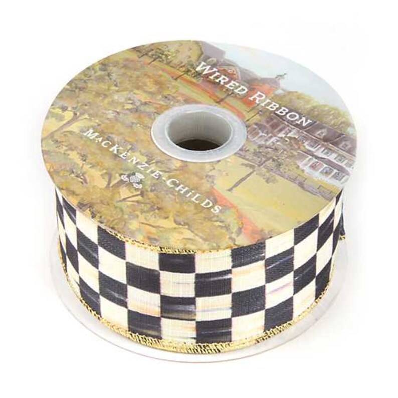 Mackenzie-childs Ribbon: Black & White Courtly Check, Gold Trim (2in X ...
