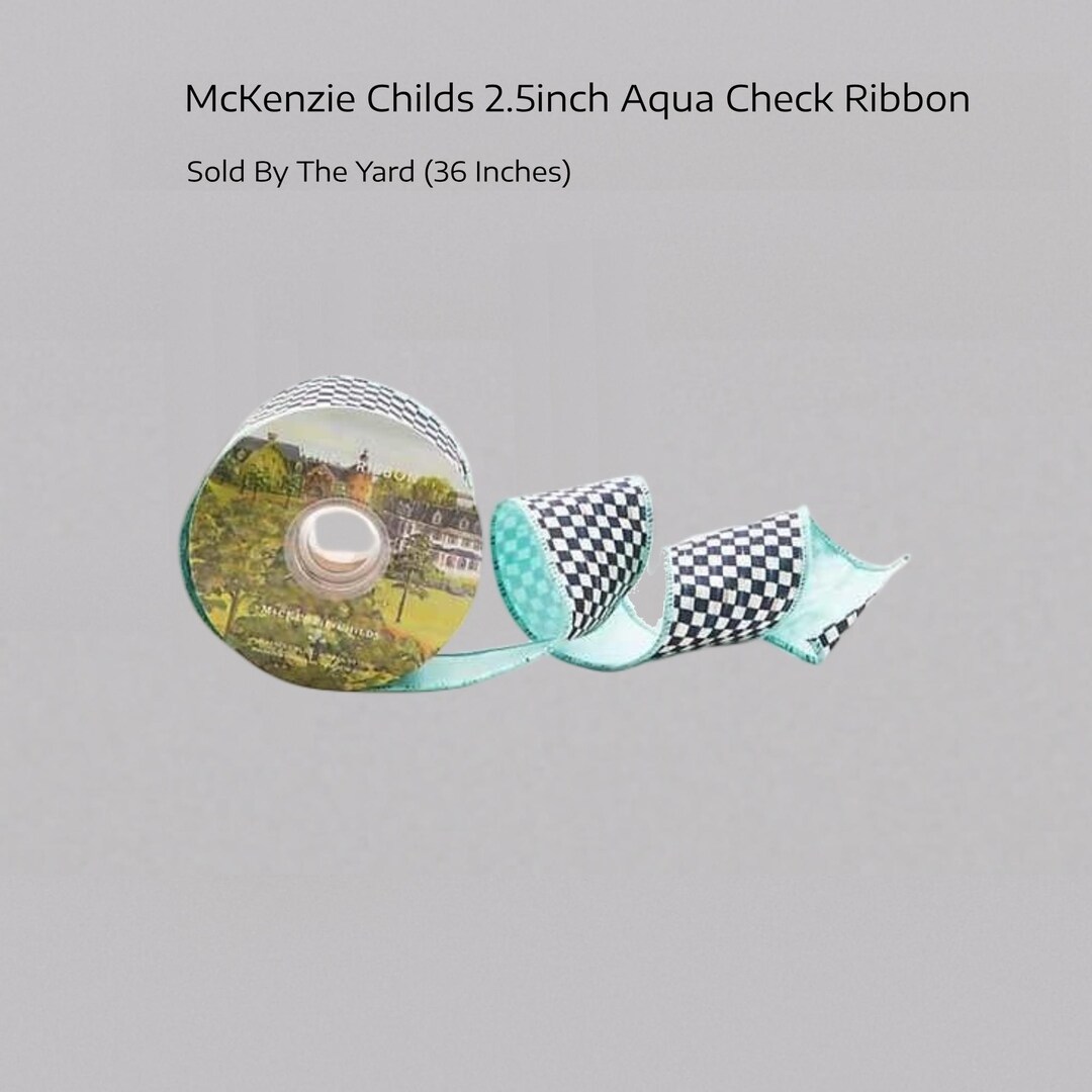 Mackenzie-childs Wired Ribbon: Black & White Courtly Check, Aqua - 2.5 ...