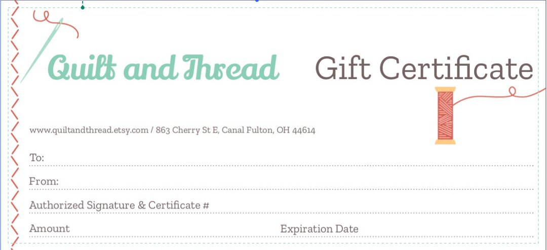 Gift Certificate With Envelope/ Shopping Gift Card for Quilt and Thread ...