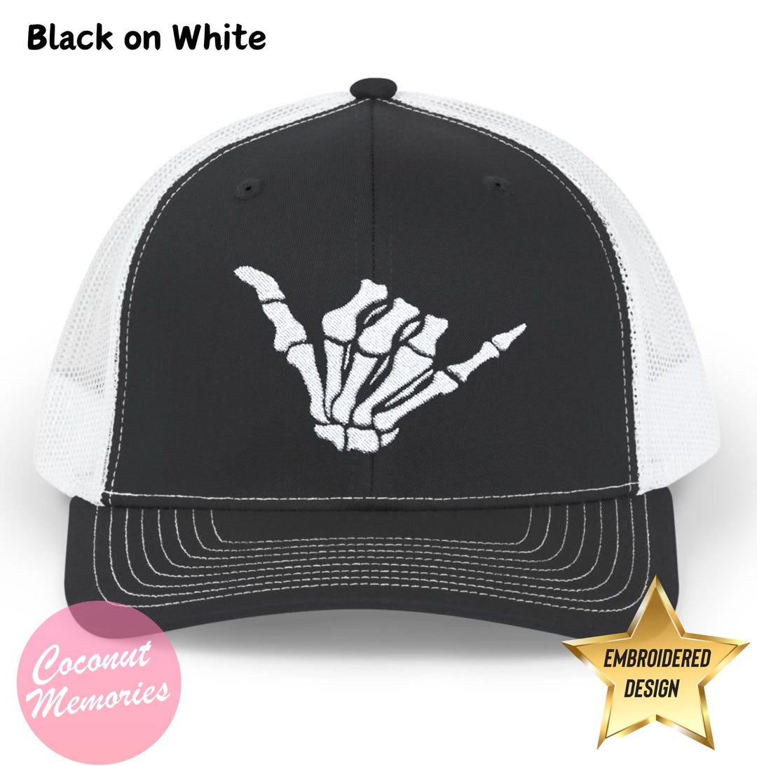 Embroidered Shaka Skeleton Hand Trucker Hat, Embroidery Shaka Hawaii ...