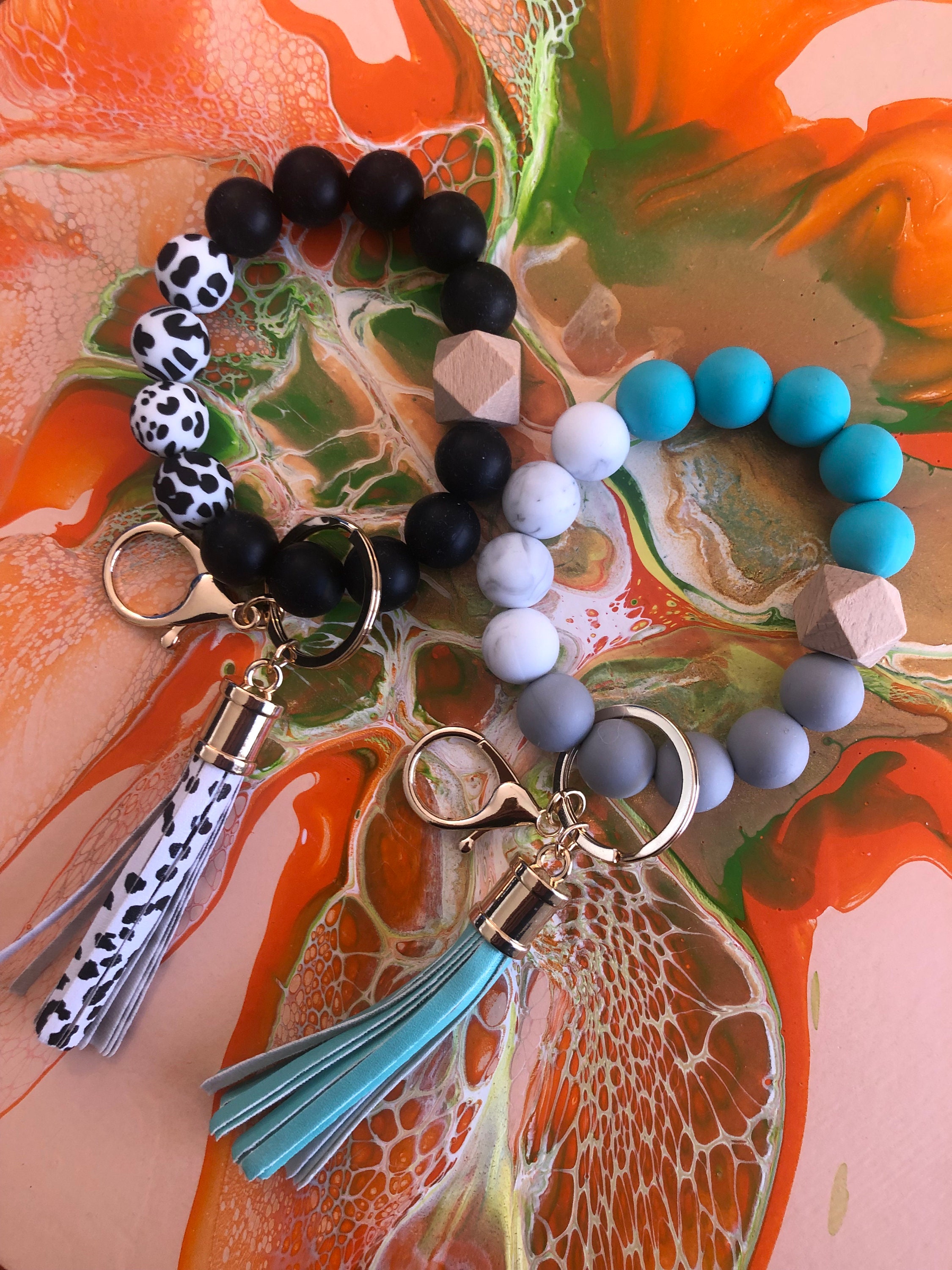 Silicone Beaded Key Ring Bracelet Leather Tassels Wristlet - Etsy