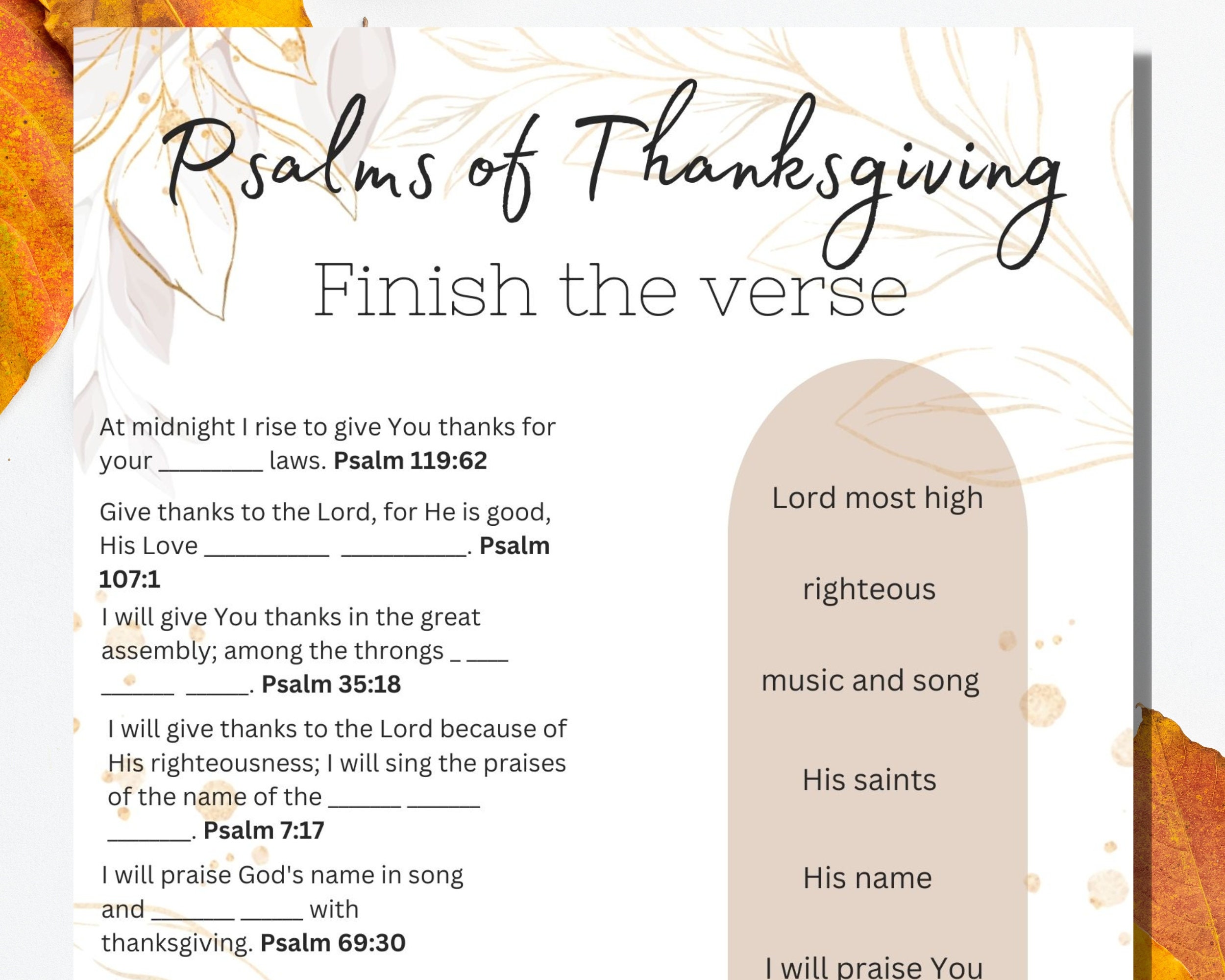 Psalms of Thanksgiving Activity Page. Finish the Verse. NIV. Printable ...