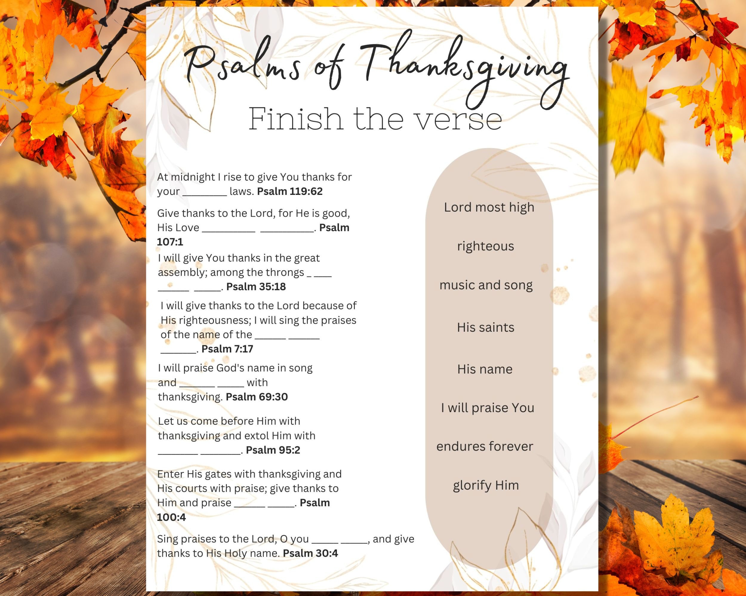 Psalms of Thanksgiving Activity Page. Finish the Verse. NIV. Printable ...