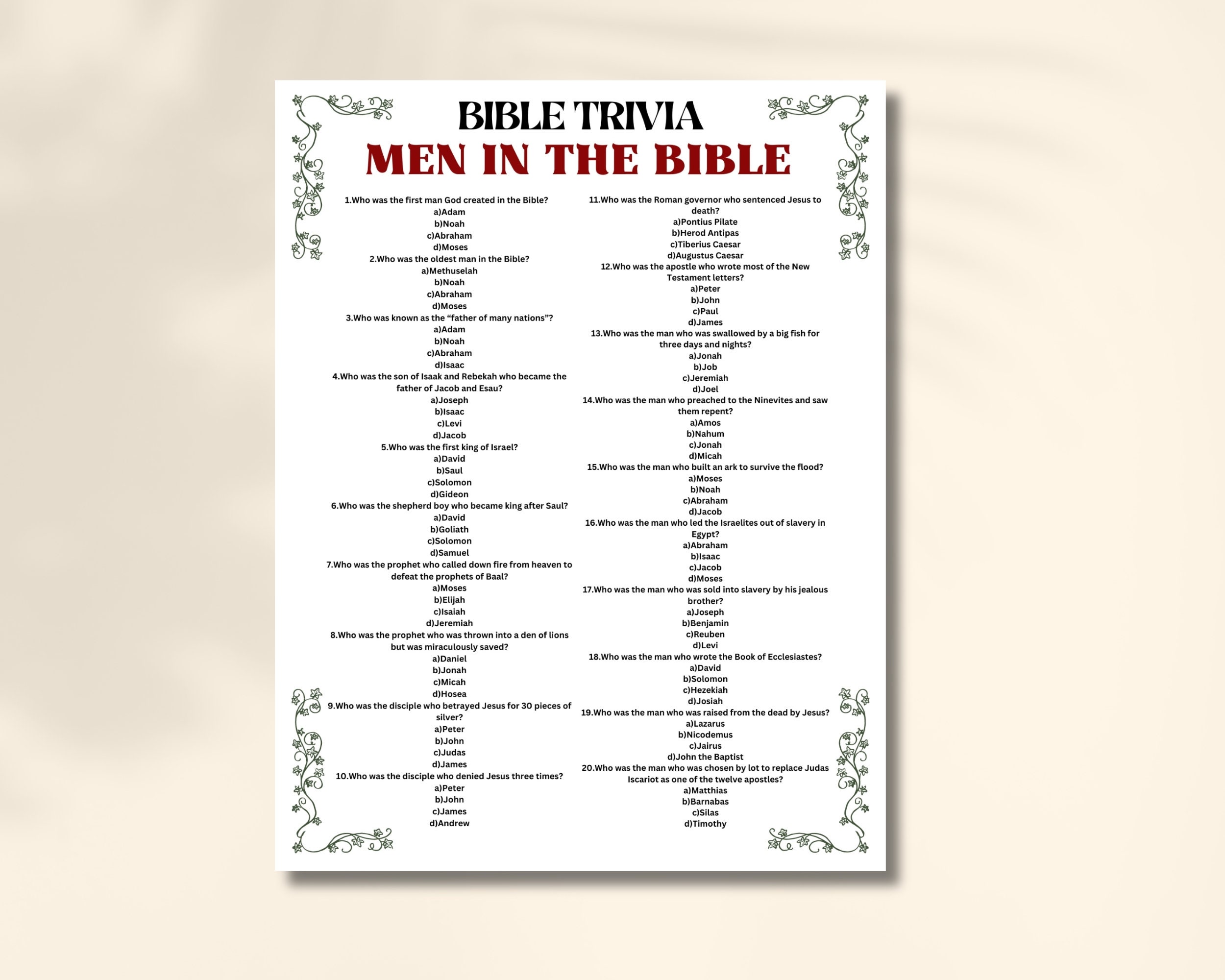 Bible Trivia Men in the Bible Game Family Activity Kids Activity Bible ...