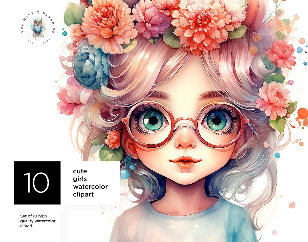 Cute Little Girls Clipart, Set of 10 JPG High Quality Watercolor ...