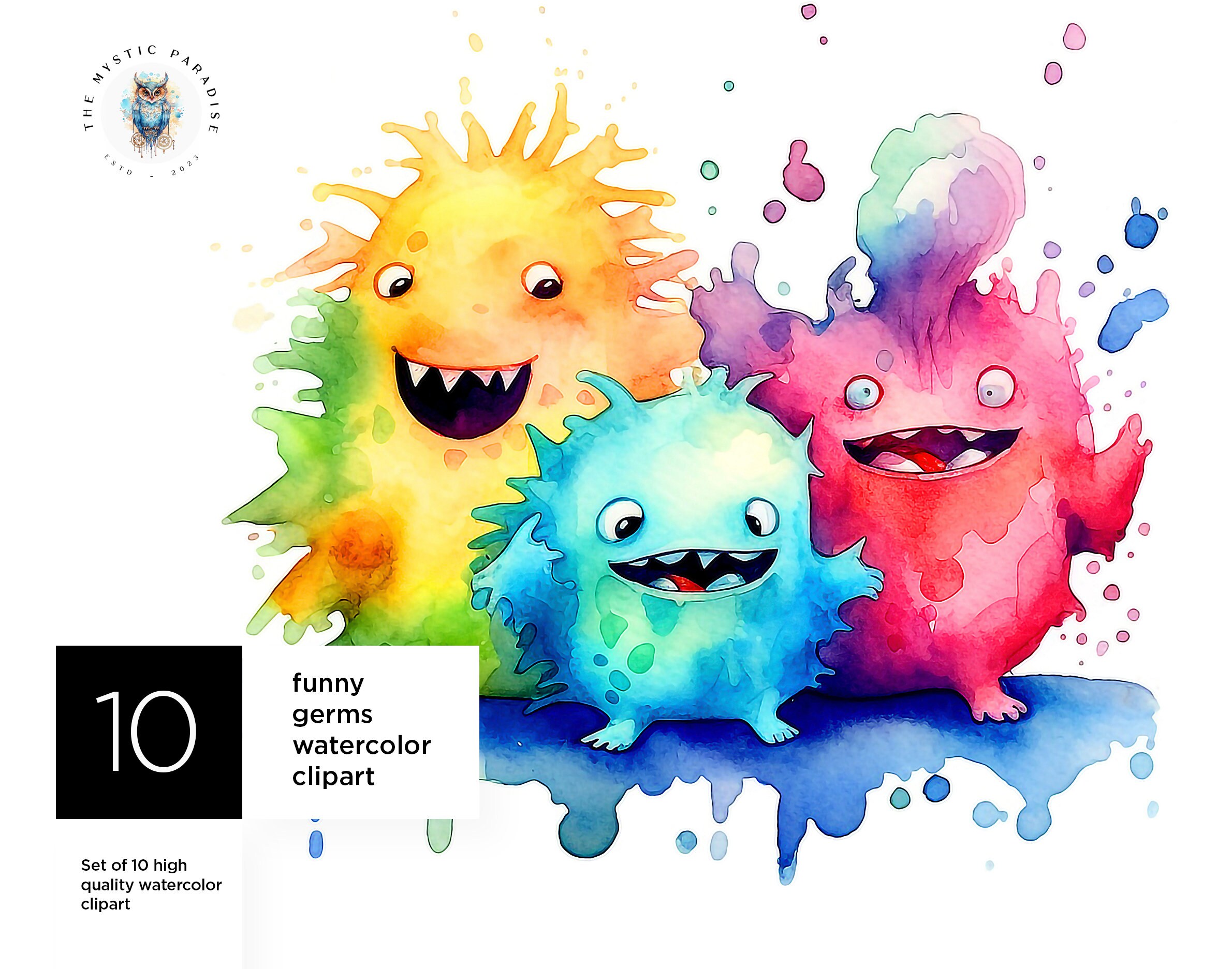 Cute Monsters Clipart, Set of 10 PNG High Quality Watercolor Clipart of ...