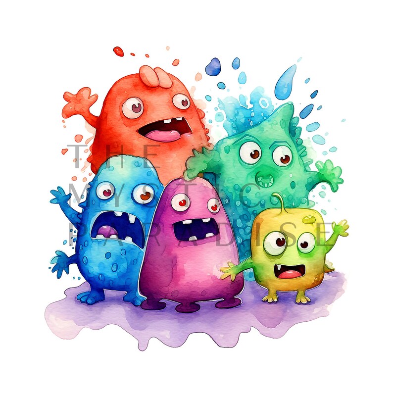 Cute Monsters Clipart, Set of 10 PNG High Quality Watercolor Clipart of ...