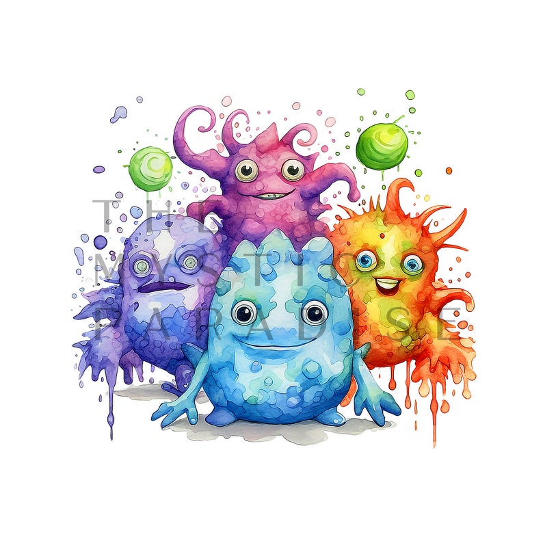Cute Monsters Clipart, Set of 10 PNG High Quality Watercolor Clipart of ...