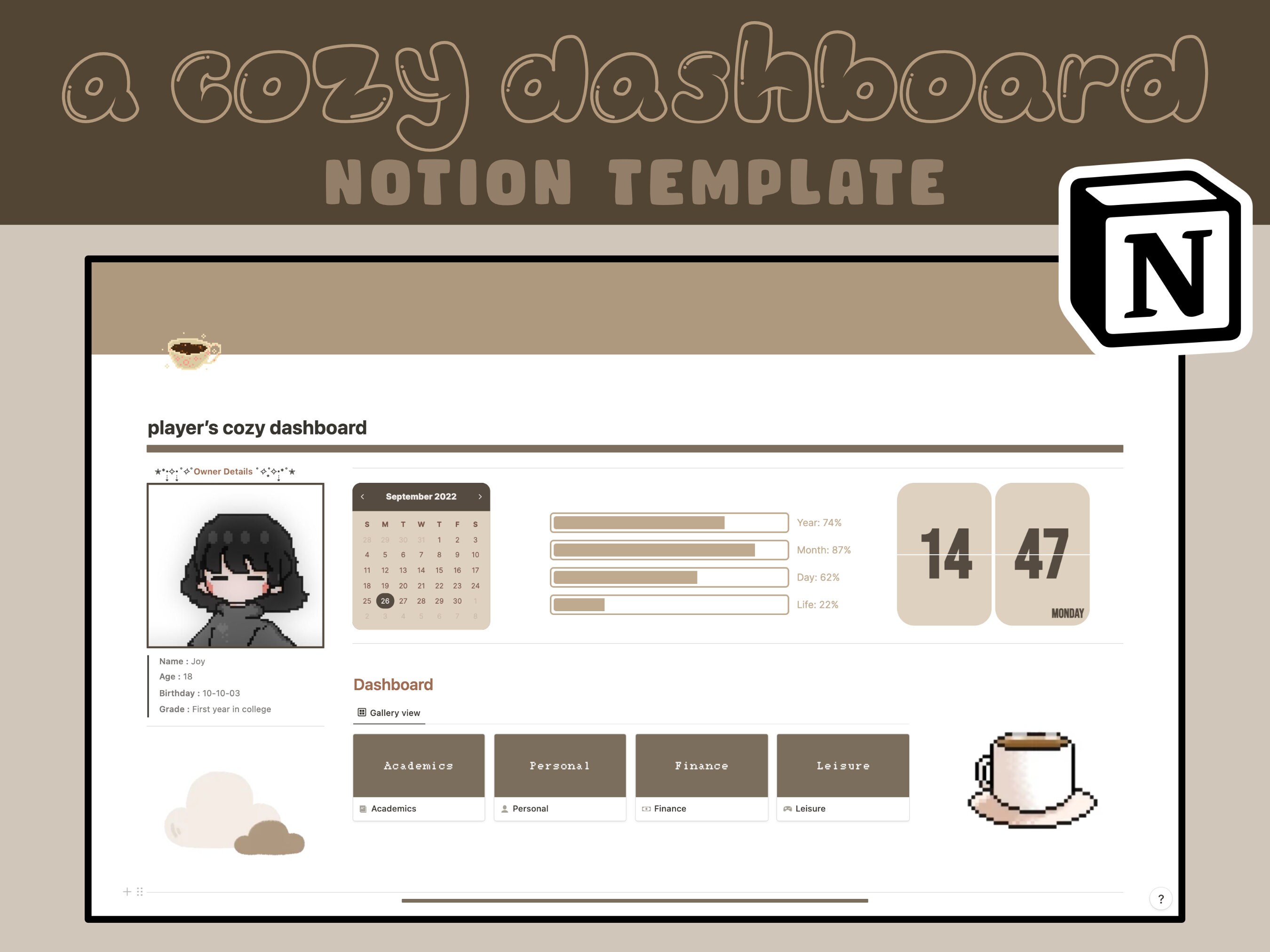 Cozy Dashboard Aesthetic & Minimal Notion Planner Template - Etsy