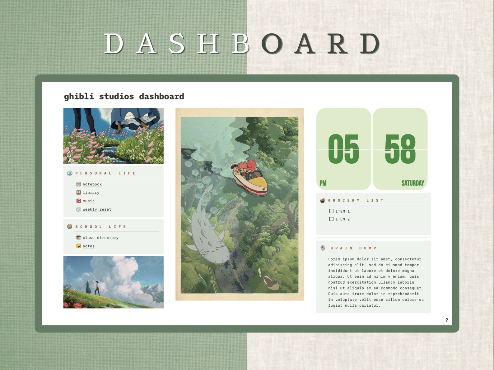 Studio Ghibli Themed Dashboard Notion Template Etsy