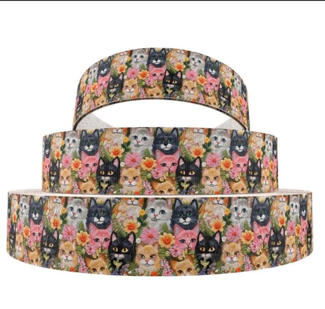 1" (1 Yard) Cat Kitten Kitty 3D Look Pet Adoption Printed Grosgrain ...