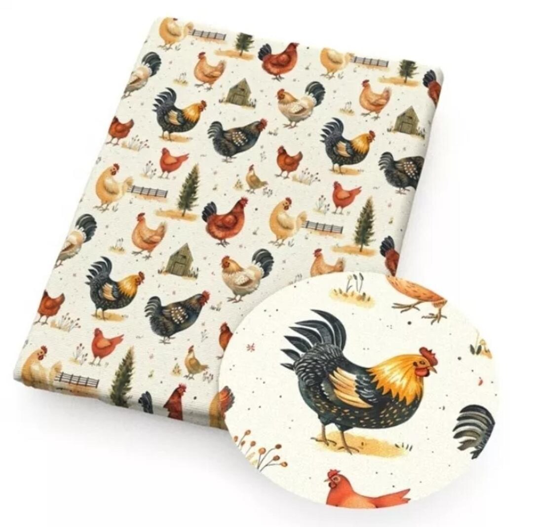 FABRIC Chicken Hen Rooster Farm Homwstead 20"x55" Vegan 95/5% Polyester ...