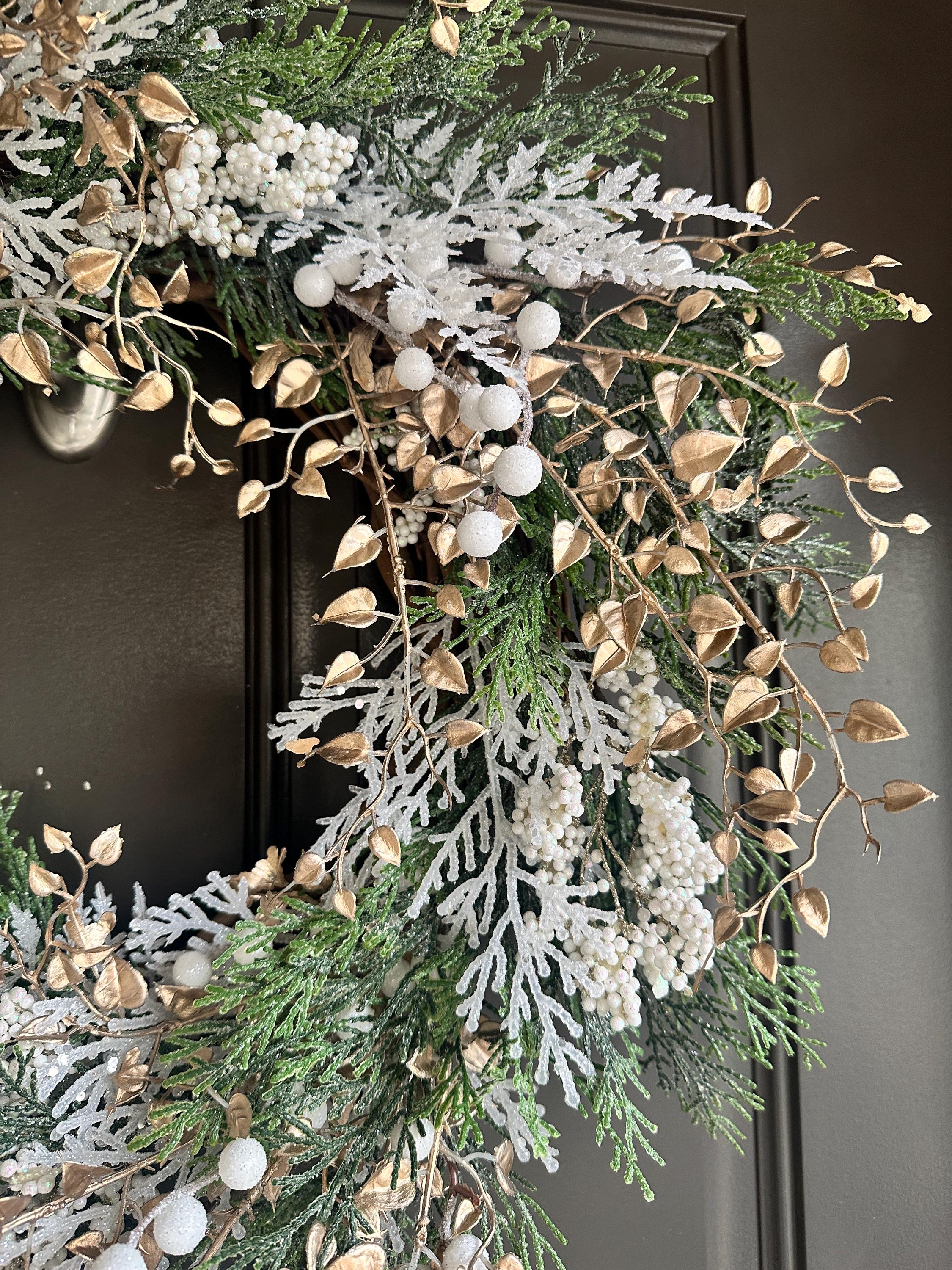 Winter Grapevine Wreath: Holiday Greenery, White Berries, Gold Leaves ...