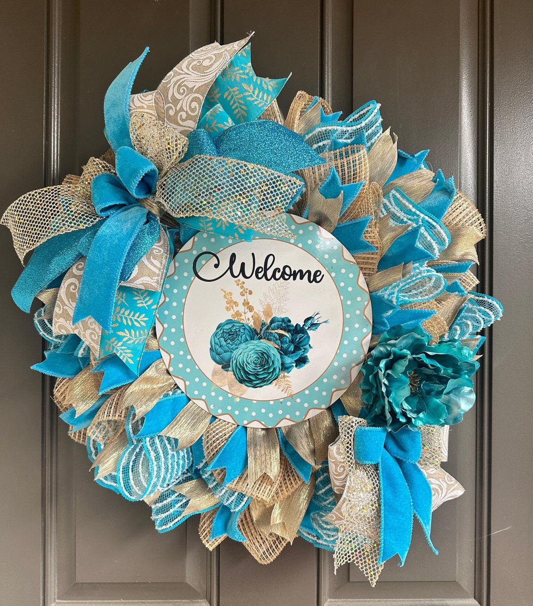 Welcome Wreath, Welcome Teal and Gold Wreath, All Year Long Wreath ...