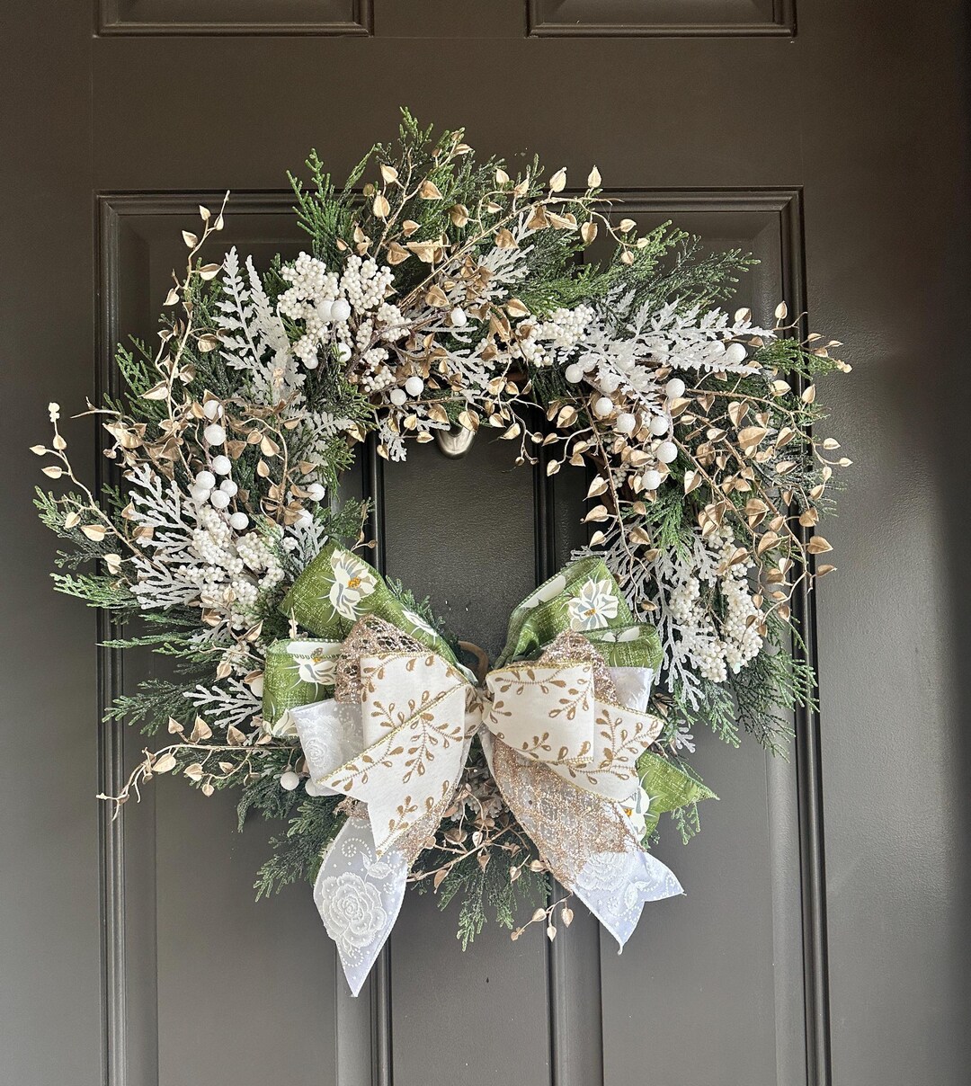 Winter Grapevine Wreath: Holiday Greenery, White Berries, Gold Leaves ...