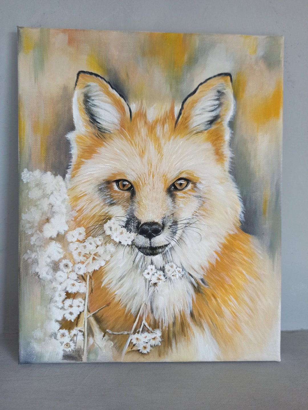 Fox, Fox Portrait, Fox Painting, Oil Fox on Canvas, Fox and Flowers ...