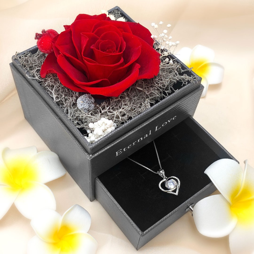 Preserved Eternal Real Rose Flower Gift Box With 14K Gold Plated Silver ...