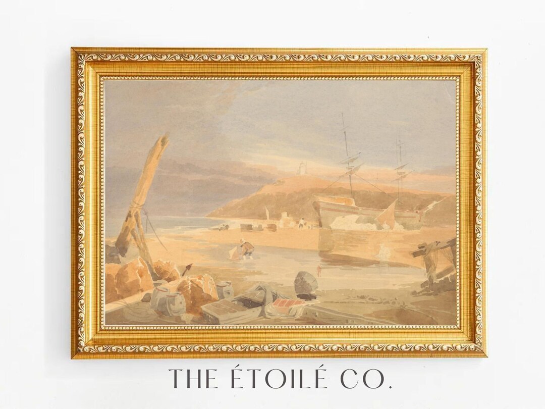 Antique Beach Painting Print, Nautical Artwork, Old Maritime Art, Retro ...