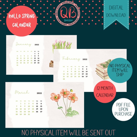Spring 2022 Monthly Calendar Printable Calendar 8.5x11 | Etsy