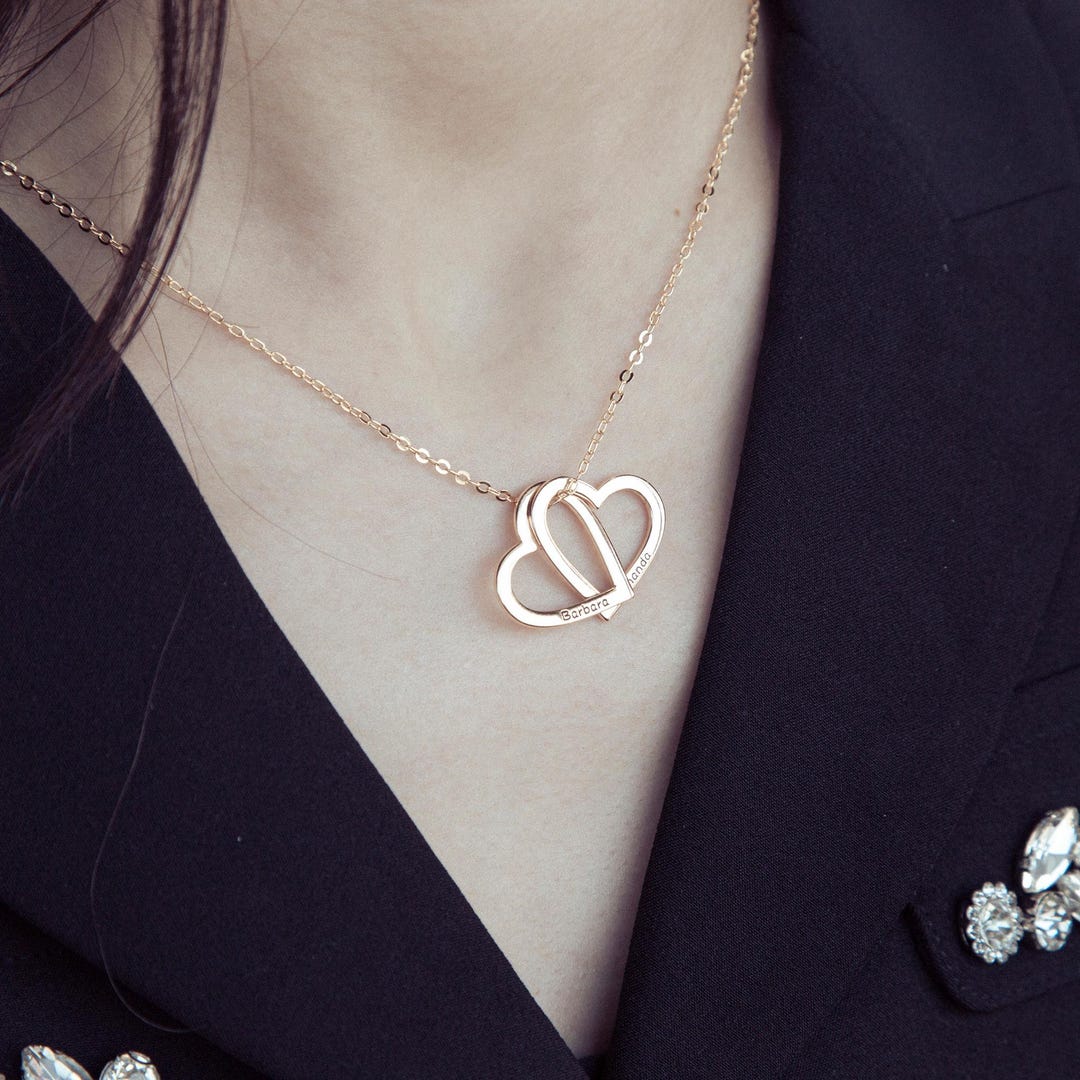 Personalized Interlocking Hearts Necklace, Engraved Double Heart ...