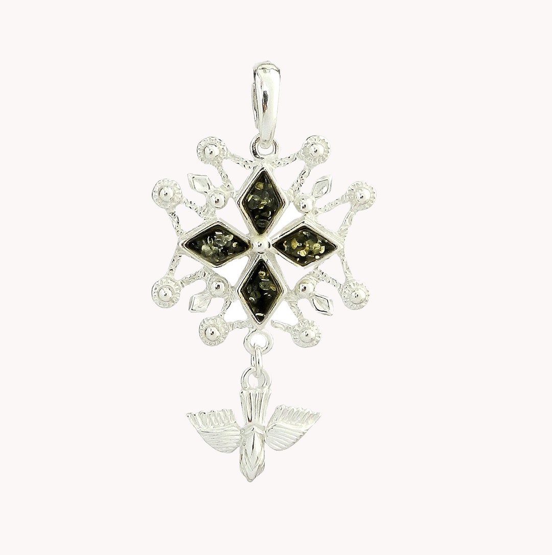 Protestant Cross Pendant Huguenote in Green Amber and Silver - Etsy