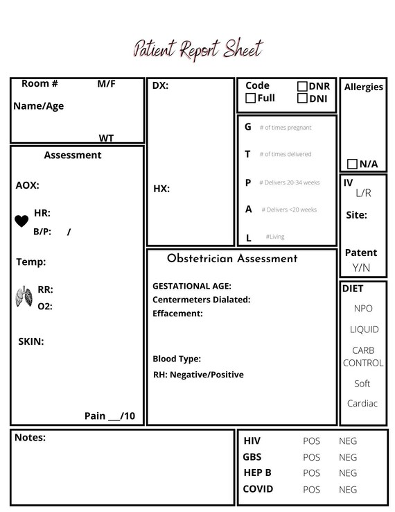 Ob/med Surg Patient Report Sheet | Etsy