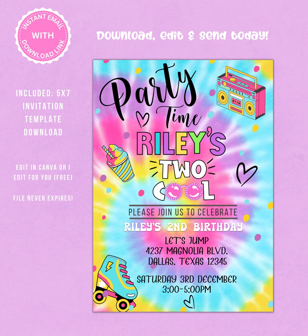 Tie Dye Retro Turning Two Birthday Party Invitation - Etsy
