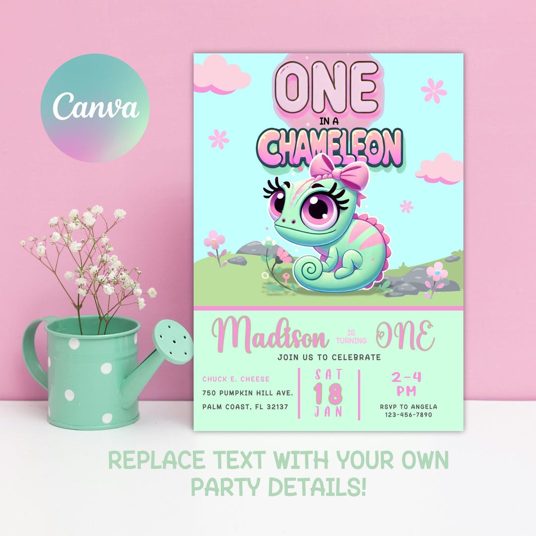 Editable One in a Chameleon Birthday Invitation, Lizard Birthday ...