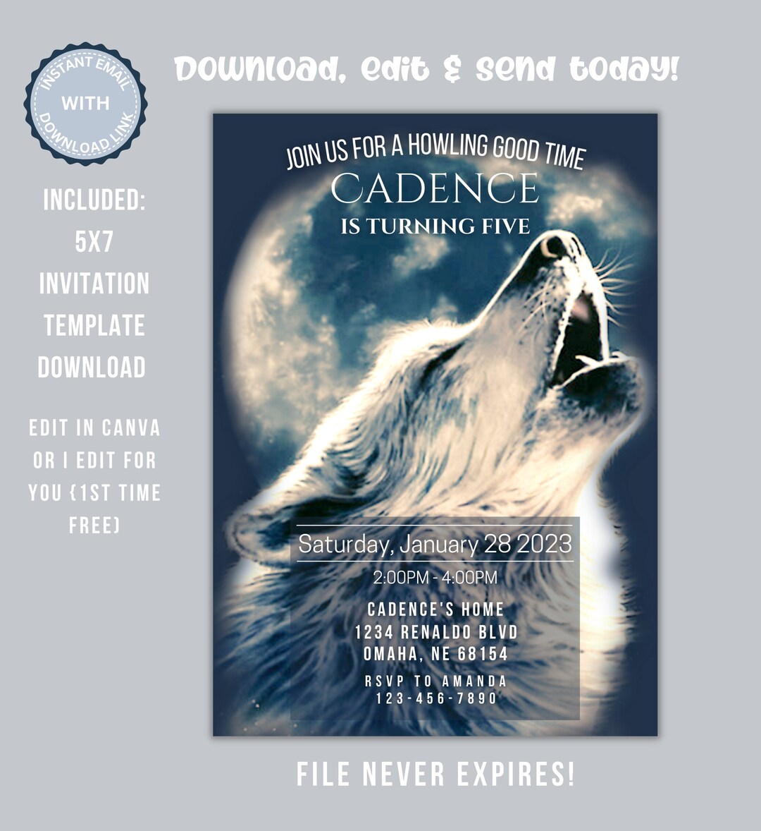 Boho Wolf or Husky Birthday Party Invitation, Minimalist Party Invite ...