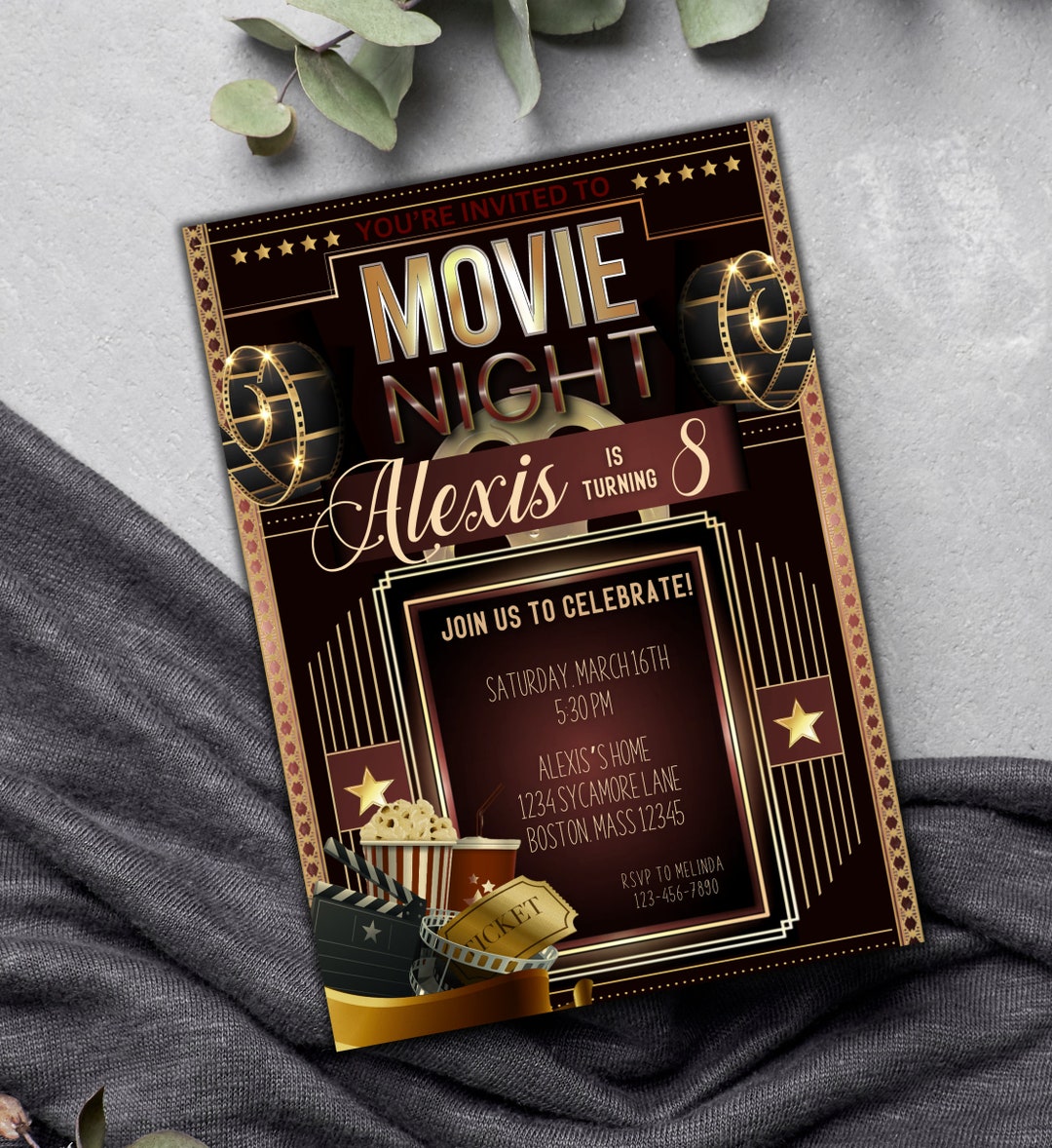 Editable Movie Night Watch Party, Birthday Invitation, Hollywood Vip ...