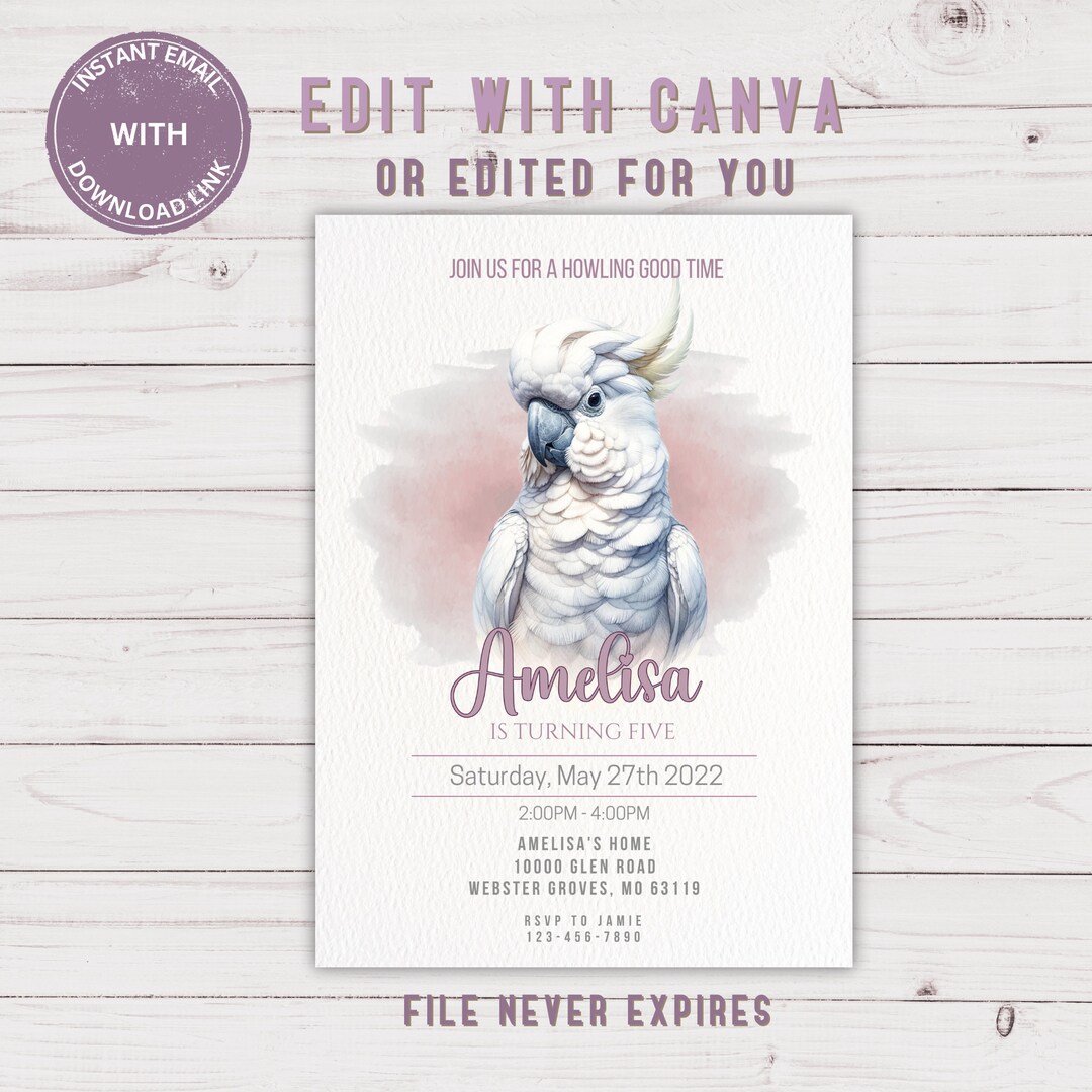 Editable Cockatoo Birthday Invitation Minimalist Boho Bird Theme Invite Birthday Invitation