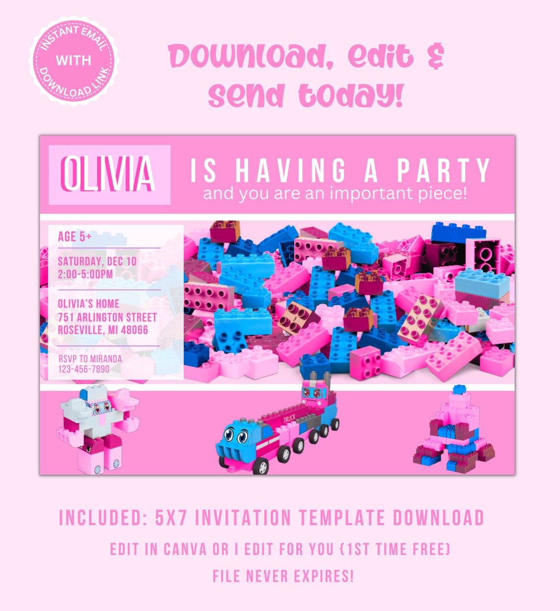 Editable Pink Building Blocks Birthday Invitation Girl First - Etsy