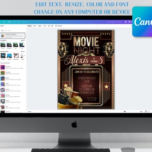 Editable Movie Night Watch Party, Birthday Invitation, Hollywood Vip ...