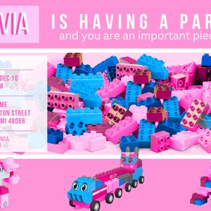 Editable Pink Building Blocks Birthday Invitation Girl, First Borthday ...