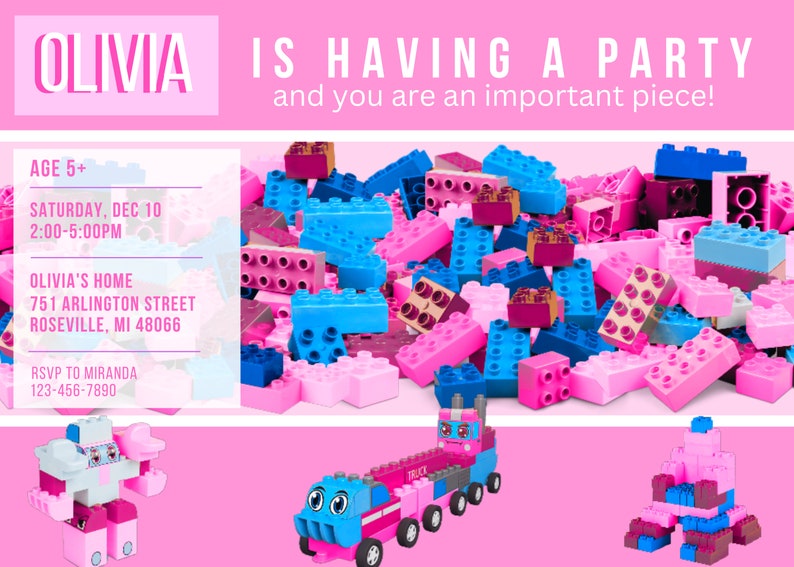 Editable Pink Building Blocks Birthday Invitation Girl First - Etsy