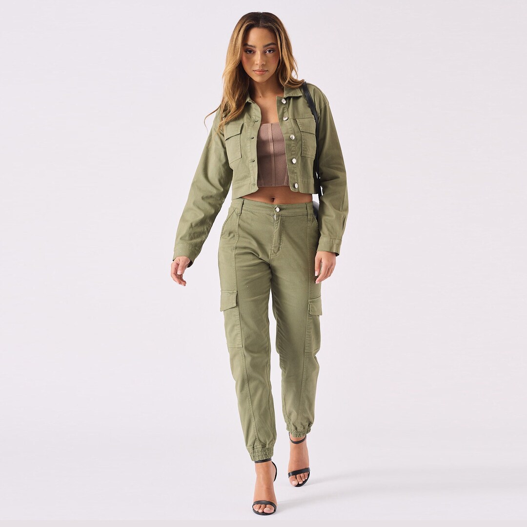 Cargo Jacket Olive Green | Women Jacket | Stretch Cargo Pocket Jacket ...