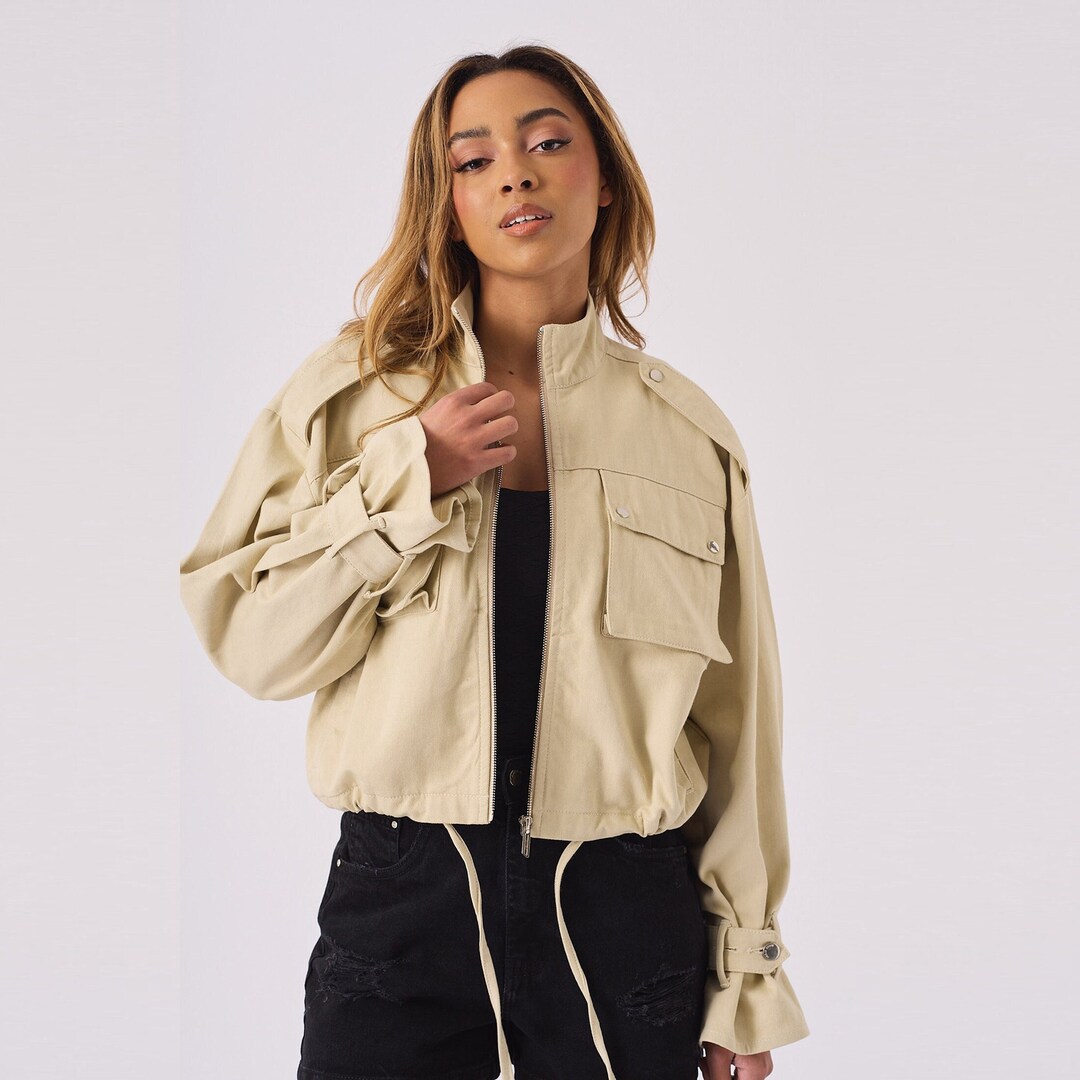 Stone Cotton Utility Jacket: Women's Cropped Zip-up With Cargo Pockets ...