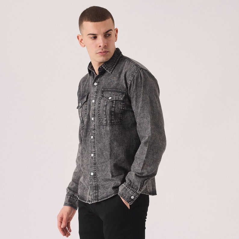 Slim Fit Denim Shirt for Men, Grey Acid Wash, 100% Cotton, Long Sleeve ...