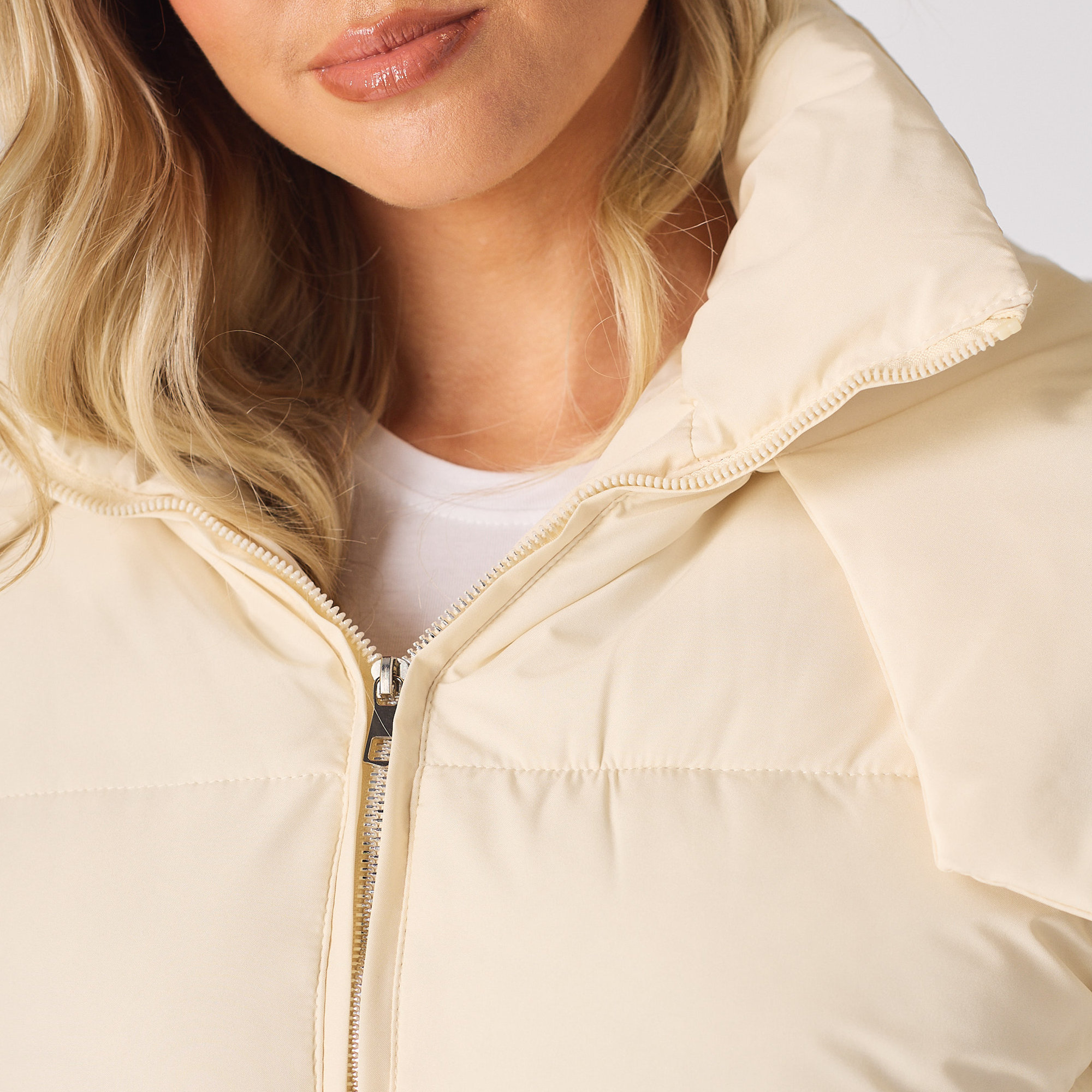 Puffer Jacket Women Wrap Neck Coat Cream Women Winter Jacket Zip up ...