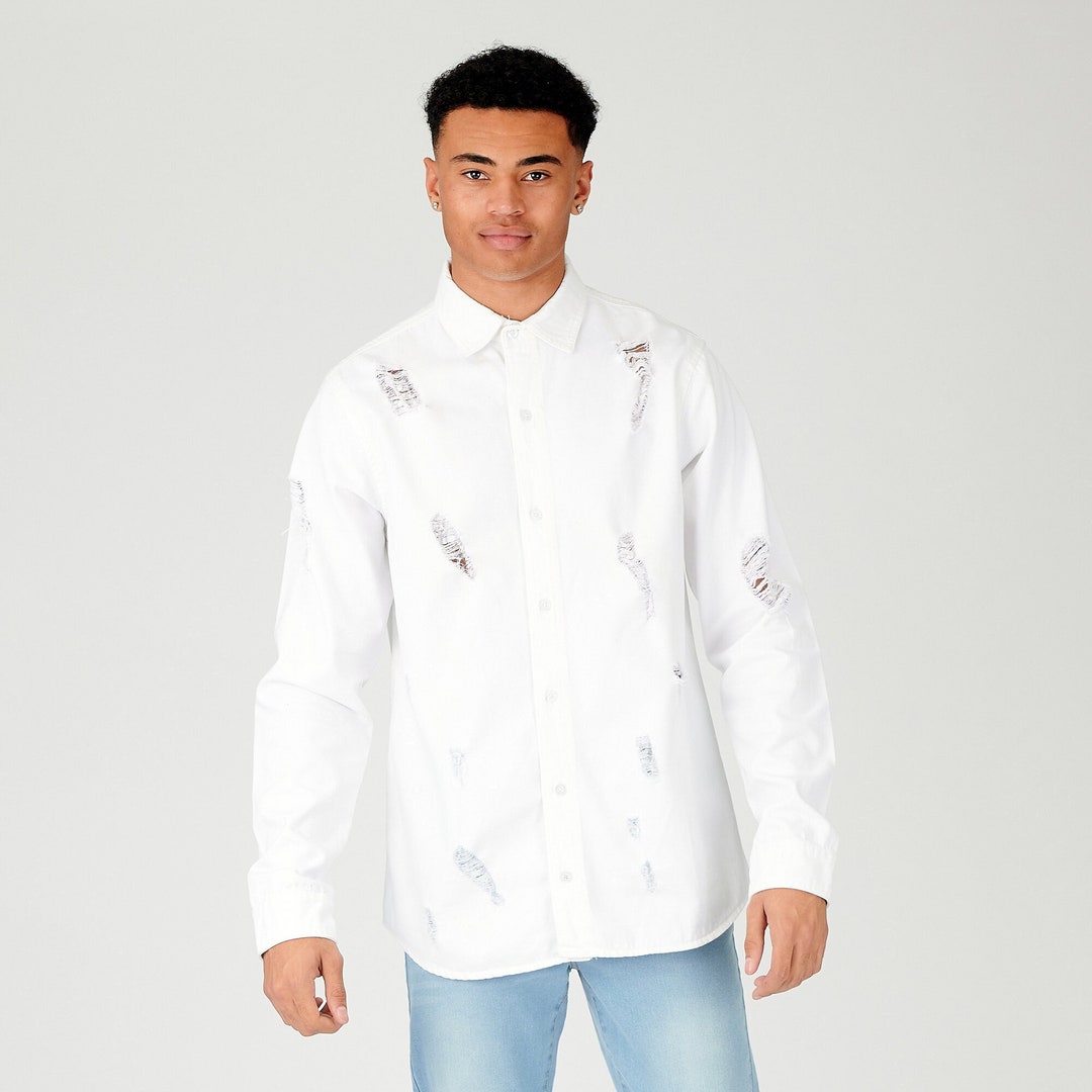 Ripped White Denim Shirt: Mens Long Sleeve Cotton Casual Shirt - Etsy