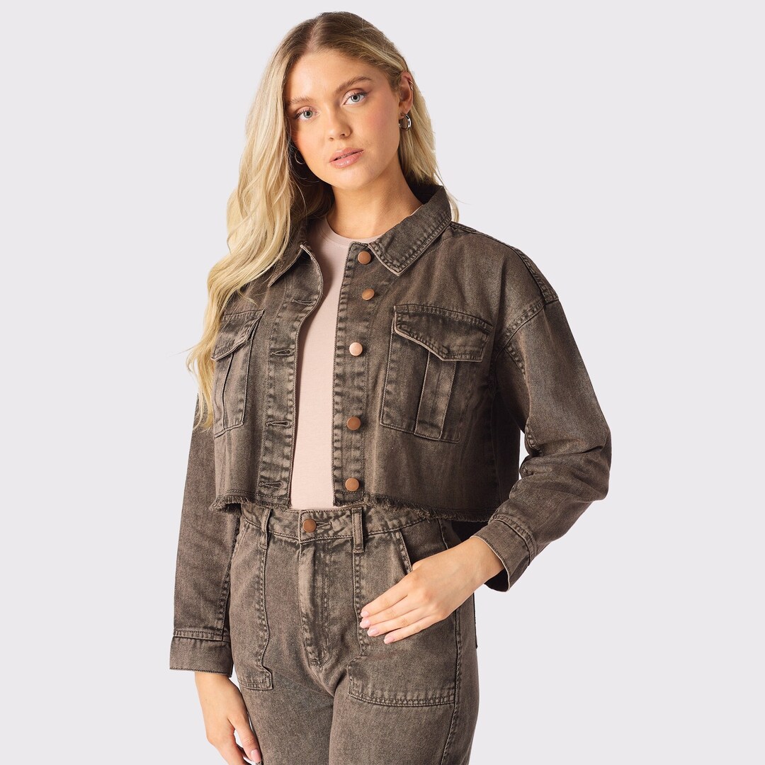 Brown Cotton Twill Crop Cargo Jacket: Frayed Hem, Button Front - Etsy