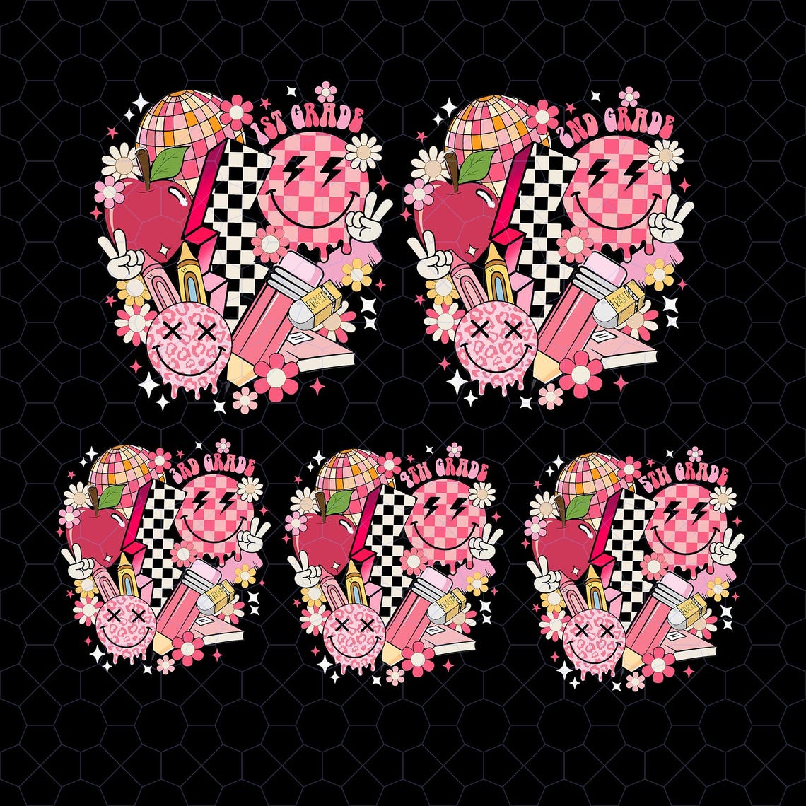 Retro Groovy Smiley Face School Bundle Png, Checkered Back to School ...