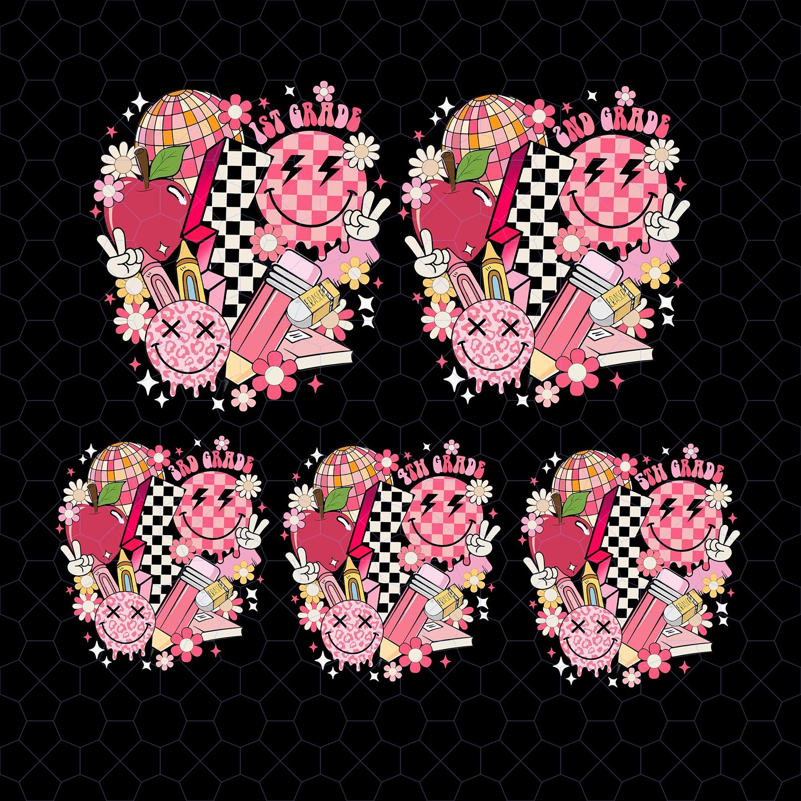 Retro Groovy Smiley Face School Bundle Png, Checkered Back to School ...