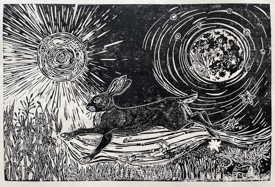 Linoprint: Hare on Earth - Etsy