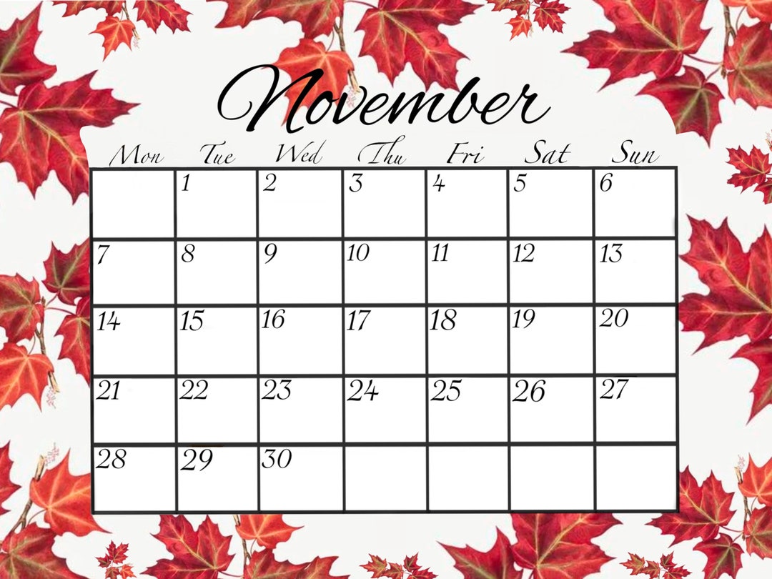 Printable November 2022 Autumn Leaf Border Calendar, Printable Planner ...