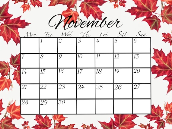 Printable November 2022 Autumn Leaf Border Calendar Printable - Etsy